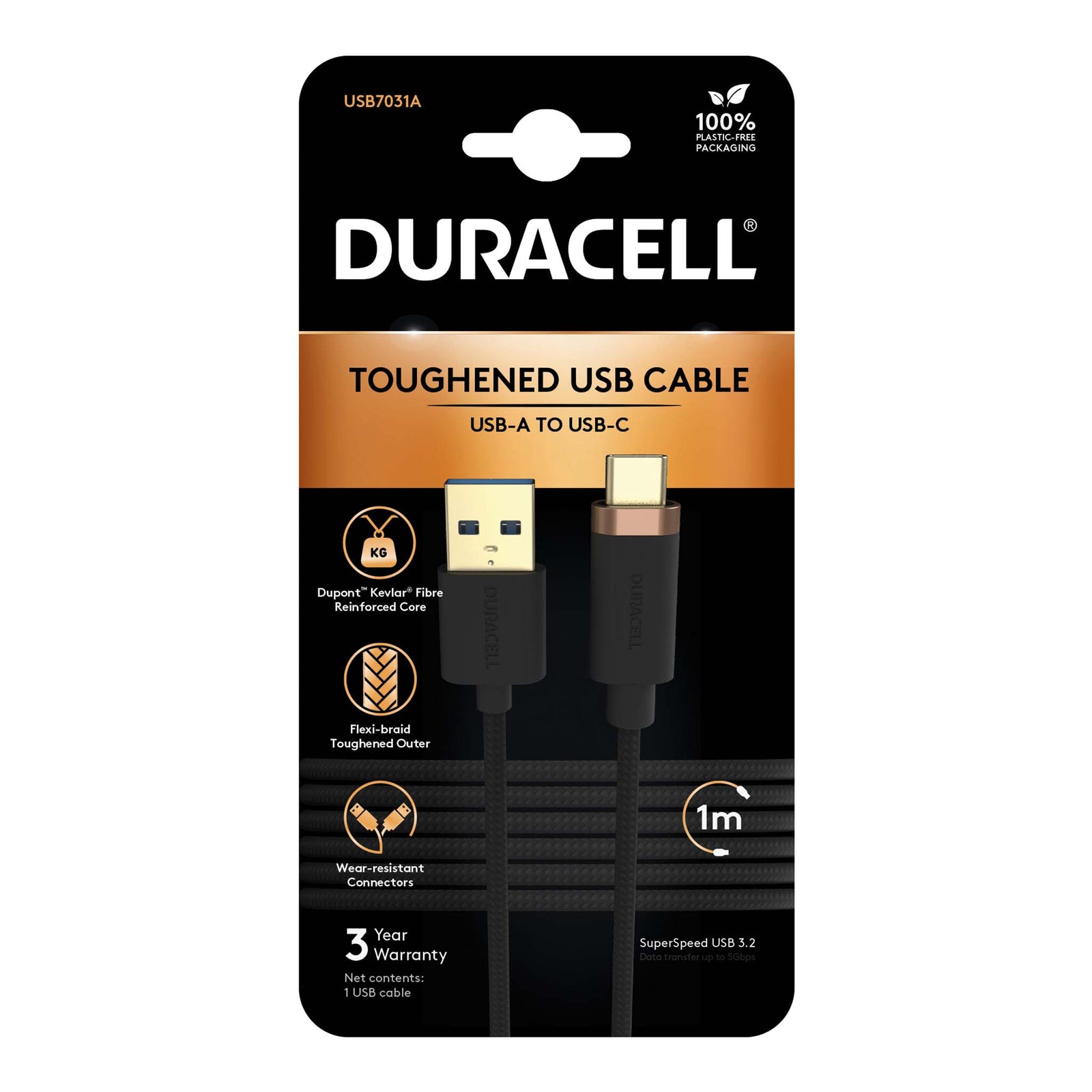 Duracell Premium USB-A to USB-C -kaapeli 1m